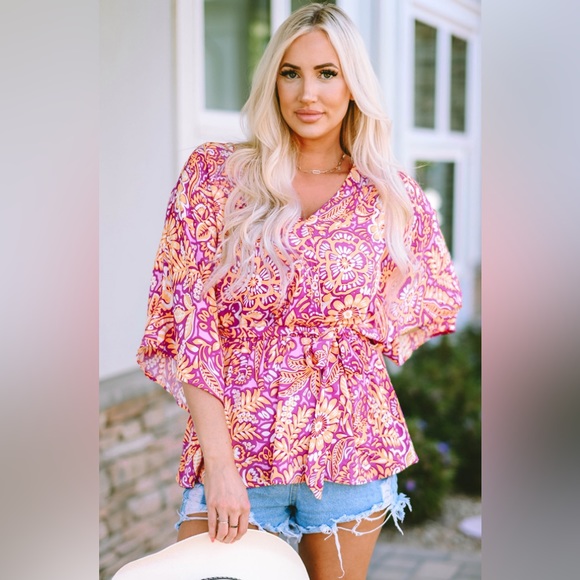 boutique | Tops | Blush Pink Floral Vneck Tie Front Ruffled Blouse ...